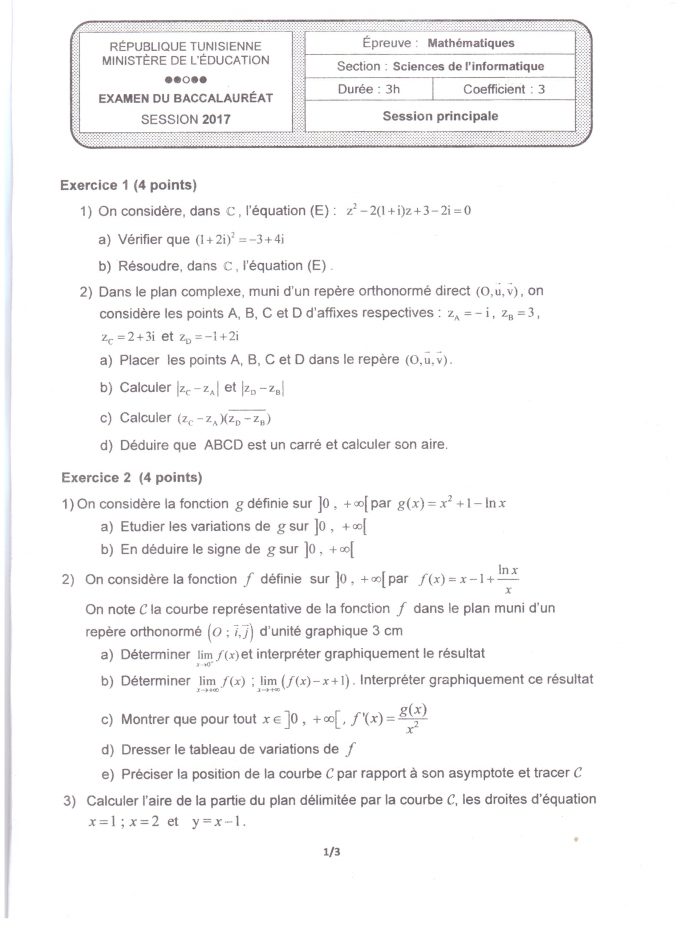 Tunisie- Bac 2017 : Épreuves d'Arabe section Lettres, Maths section ...
